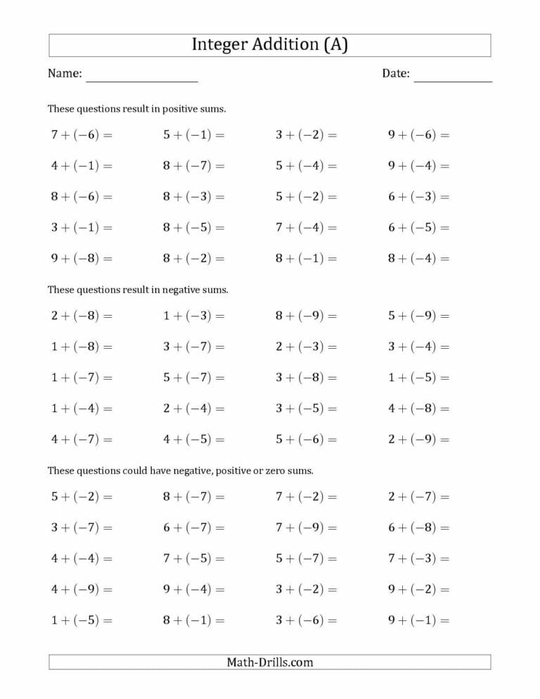 Adding and Subtracting Integers Worksheets with Answers (Free Printables)
