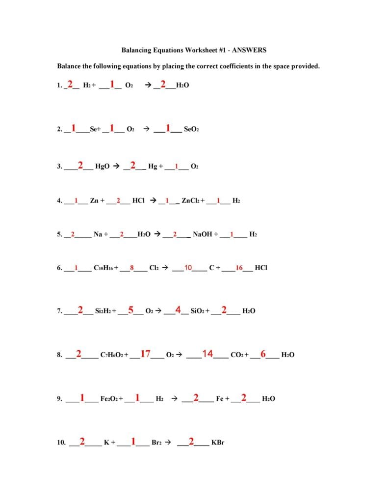 Balancing Chemical Equations Worksheets with Answers (Free Printables ...