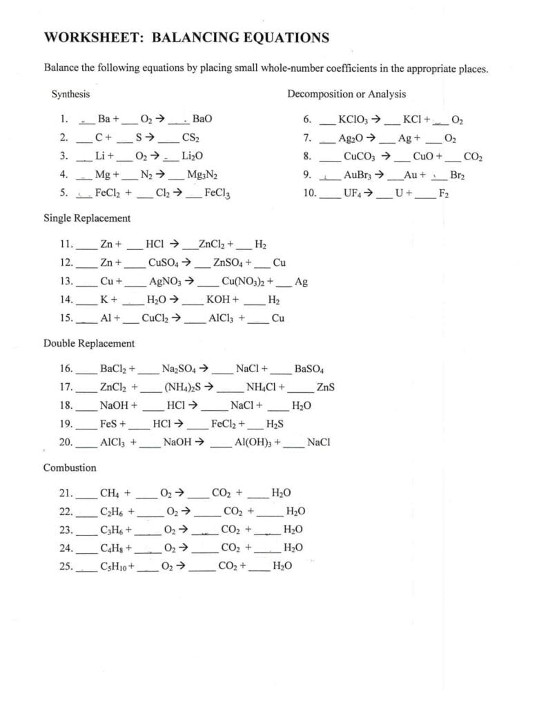 Balancing Chemical Equations Worksheets (with Answers): A Comprehensive ...